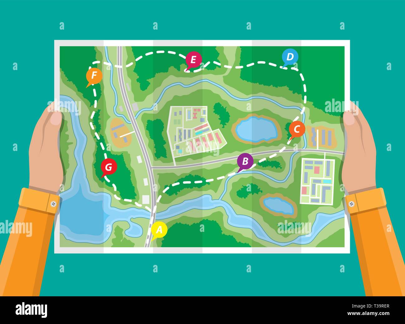 Folded paper city suburban map in hands. Abstract generic map with ...