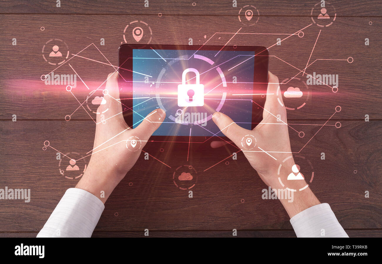 Hand touching online network security button and cloud, connection and ...