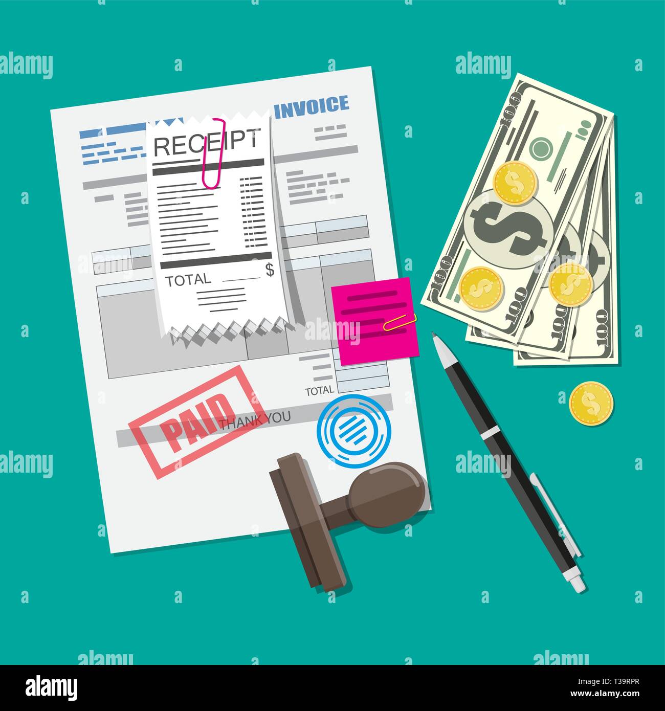 Paper invoice form with seal. Pinned receipt bill. Pen. Coin and dollar ...