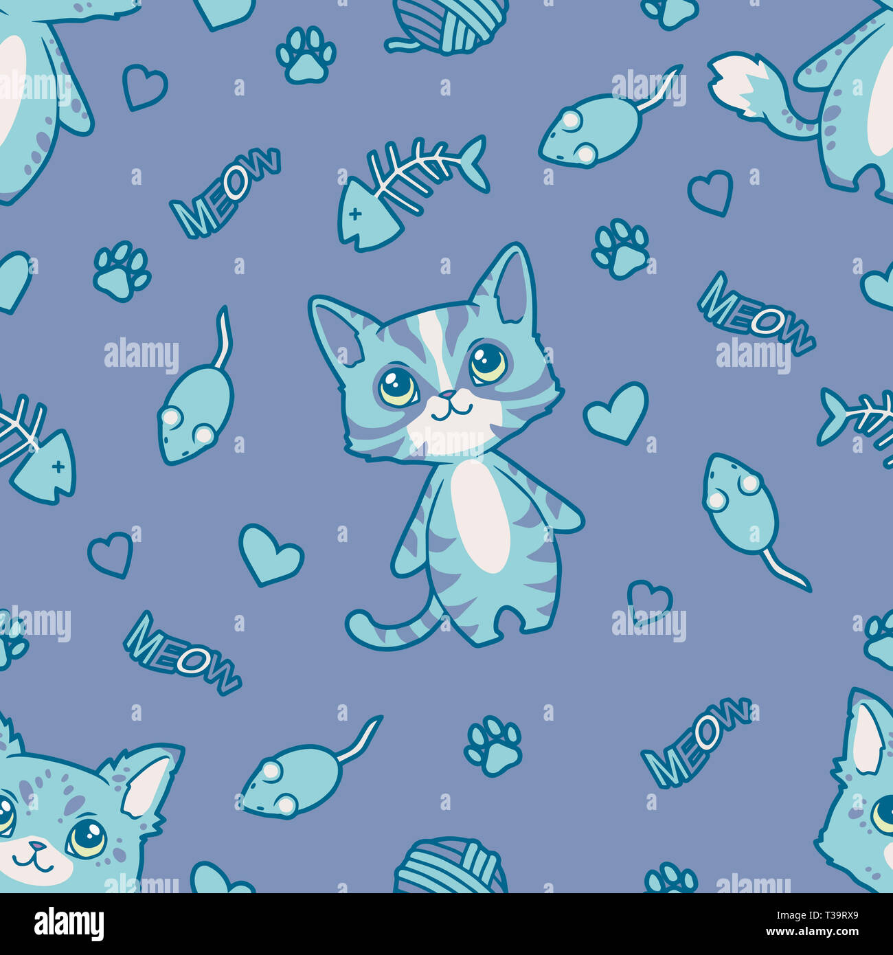 Cute seamless pattern with drawn cartoon blue cats, mouse, fishbone ...