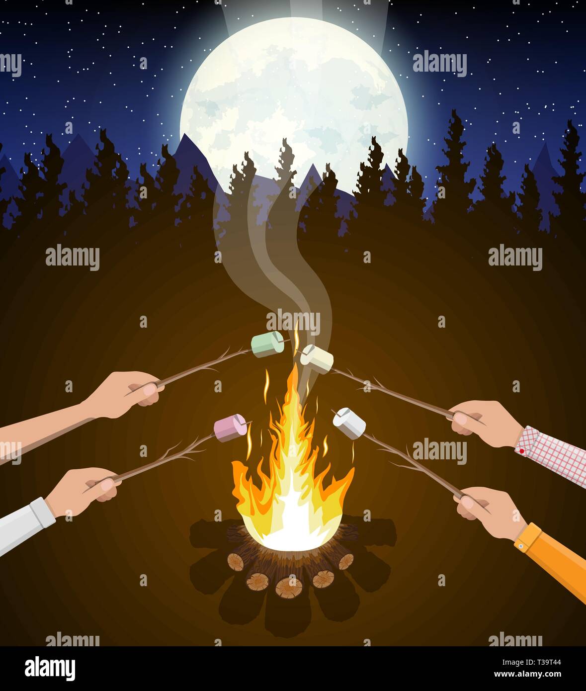 Bonfire And Hands With Marshmallow Logs And Fire Camping Burning