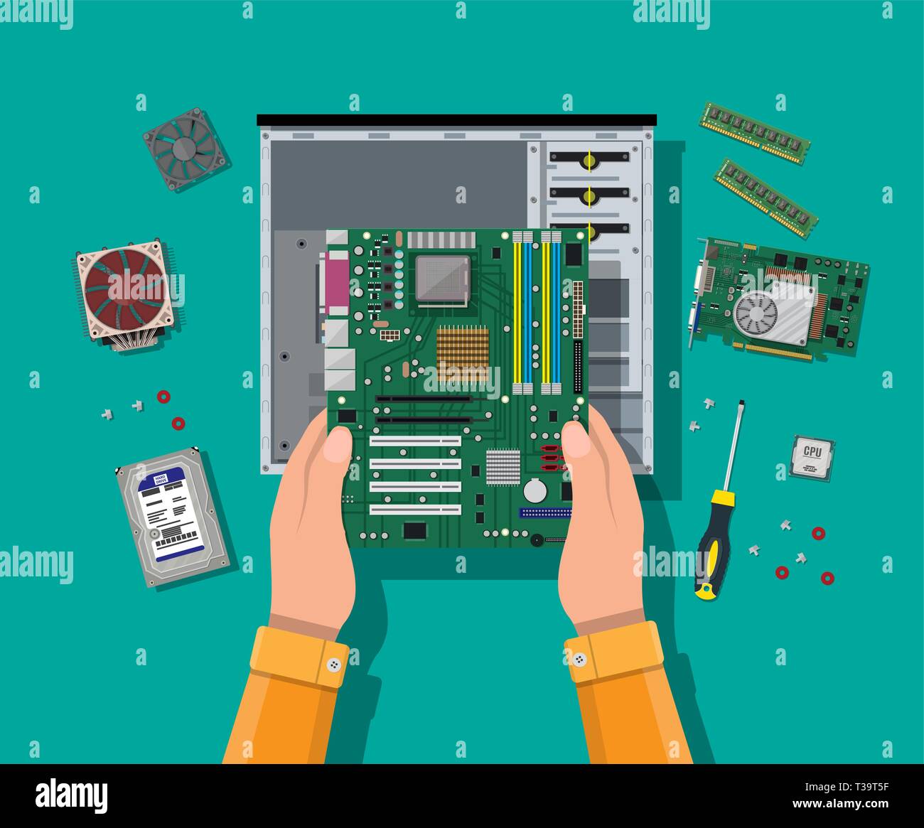 Hands with motherboard, hard drive, cpu, fan, graphic card, memory ...