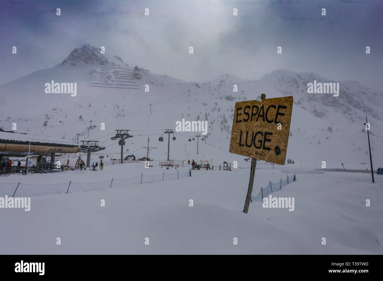 Espace Luge (sledge area) sign, Tignes Le Lac/ Tignes 2100, France ...