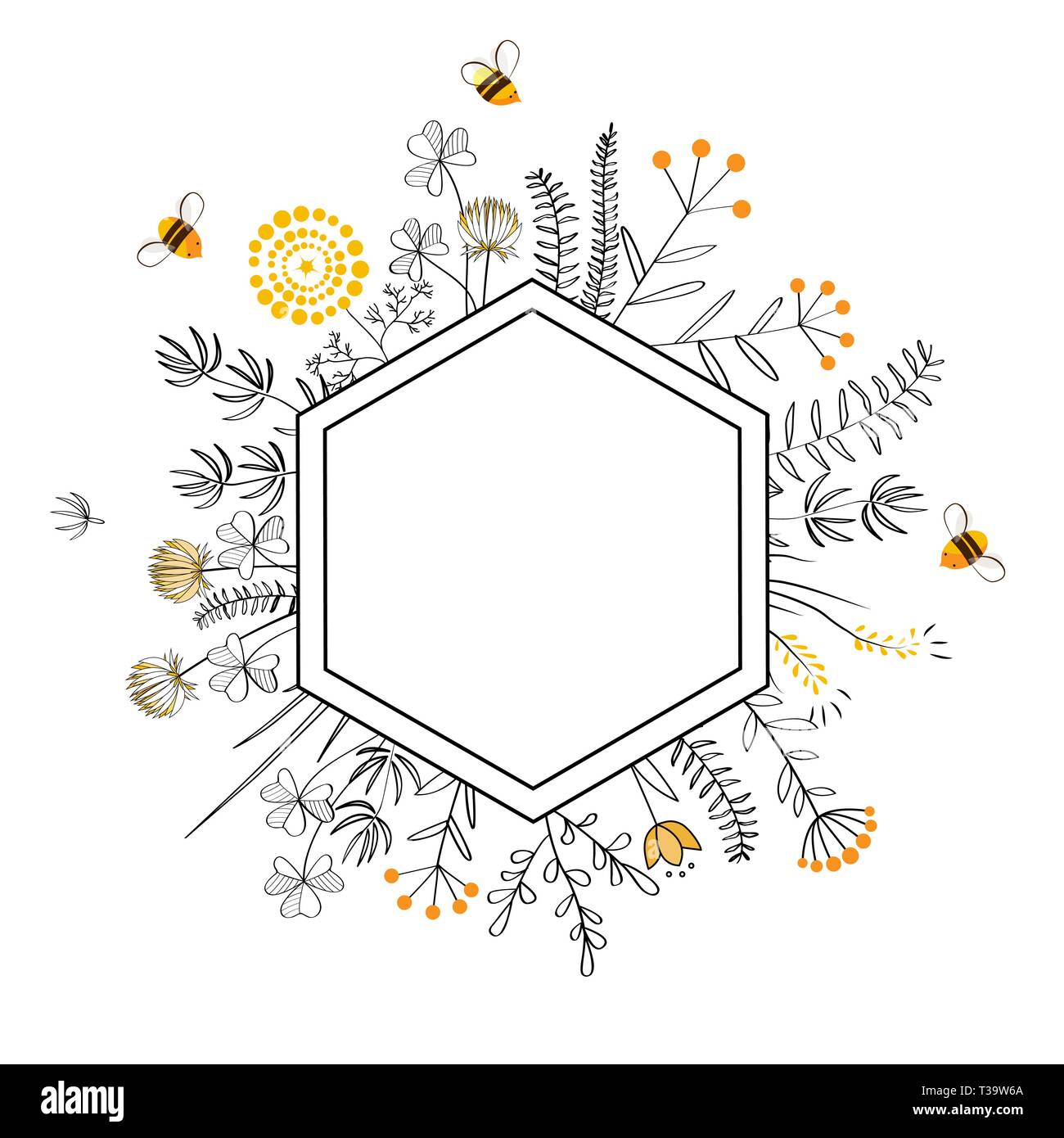 Frame with honey flowers and bees. Cartoon vector illustration Stock ...