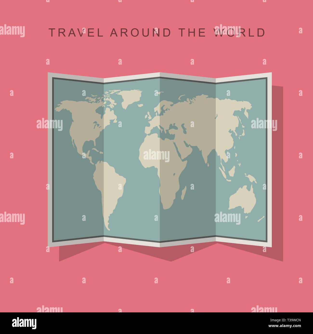 Folded paper world map with shadow on pink background. Flat ...