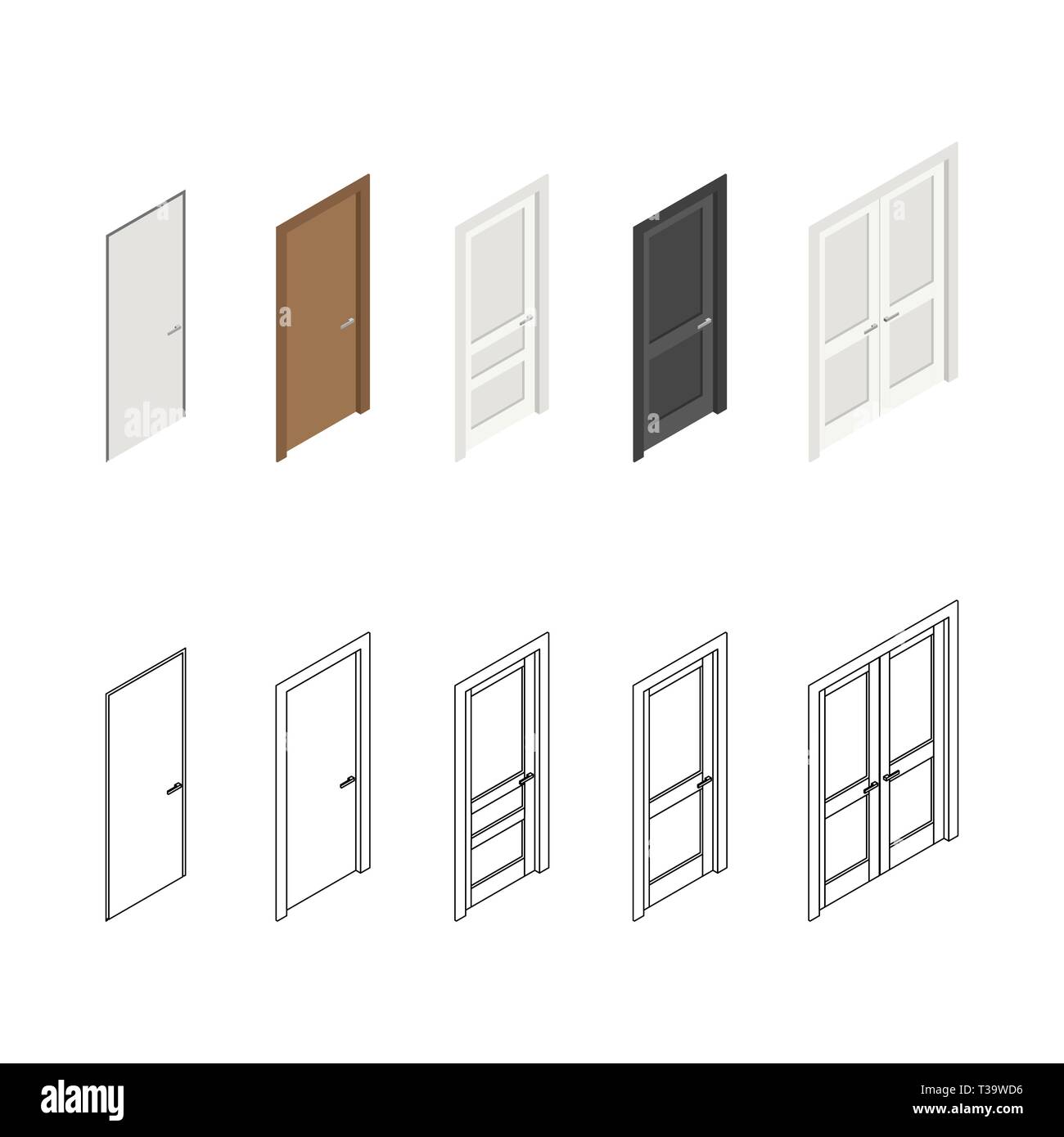 Icons of doors, isometric views of color or lines drawings ...