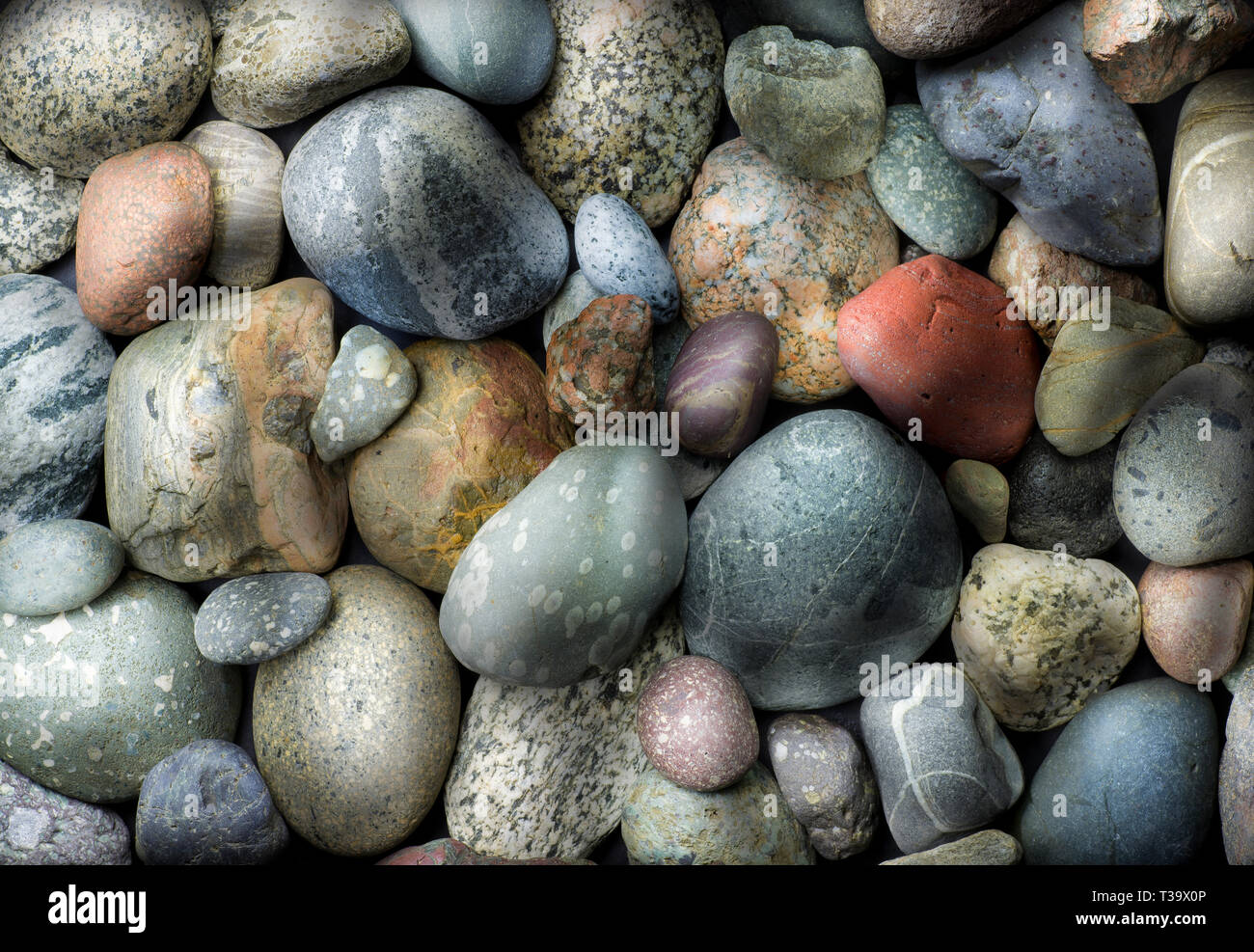 Various stones rounded by wave action on shoreline of lake Stock Photo ...
