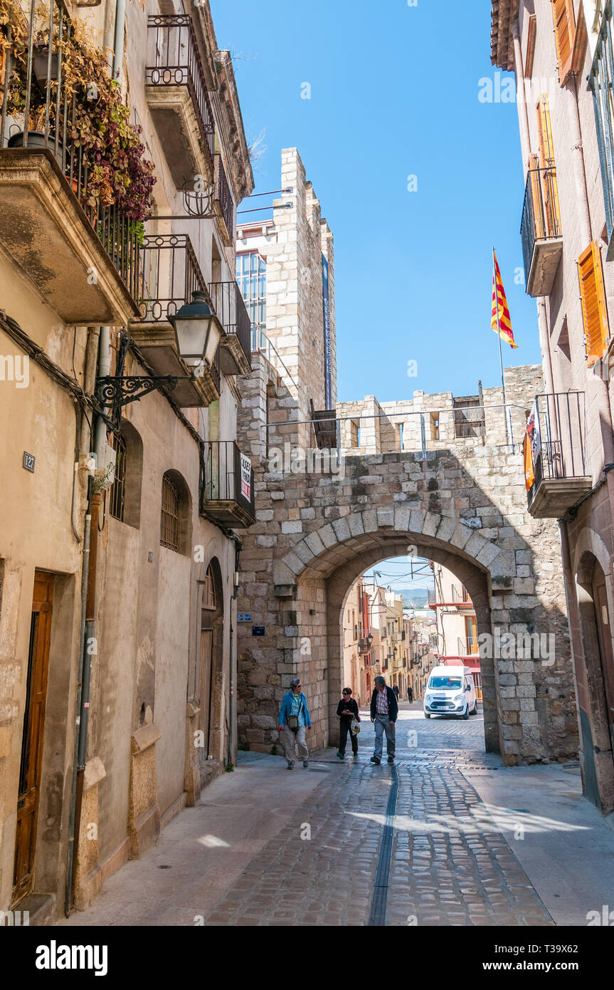ancient street view and own gate of the catalan town Montblanc ...