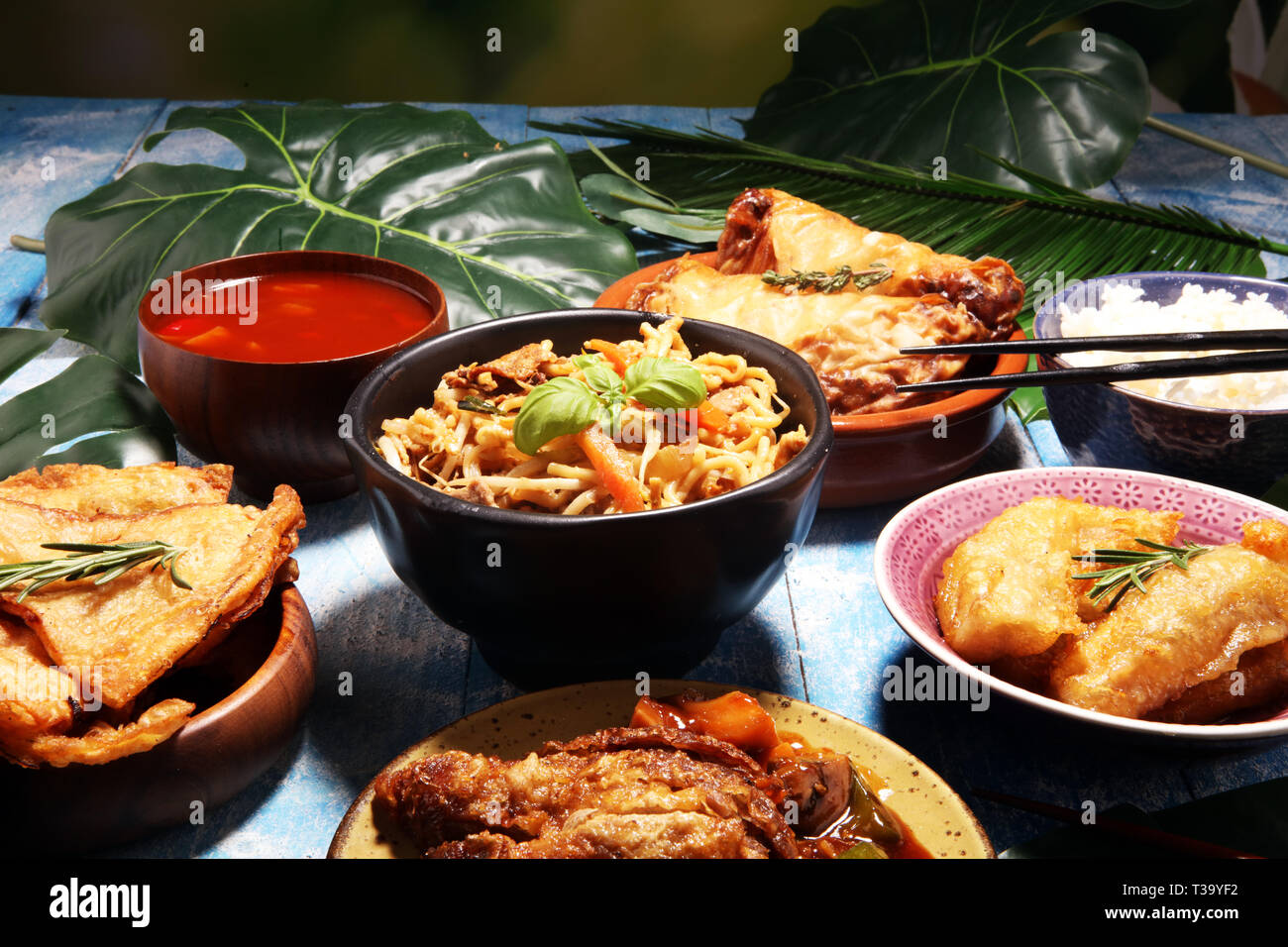 Assorted Chinese food set. Chinese noodles, fried rice, peking duck ...