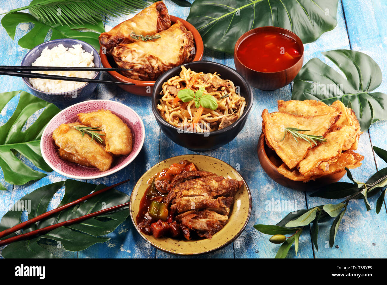 Assorted Chinese food set. Chinese noodles, fried rice, peking duck ...