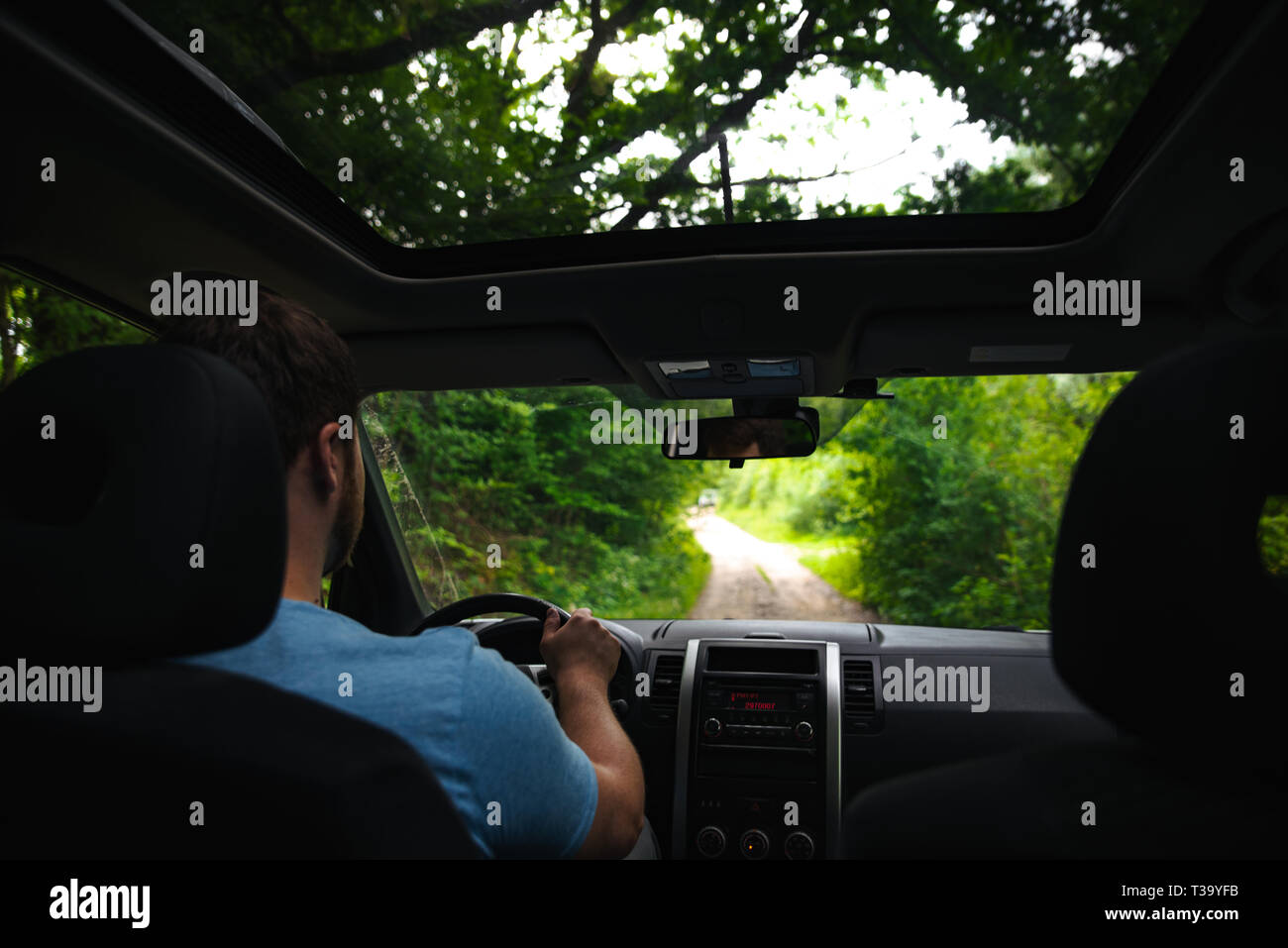 man driving suv car by forest trail road. adventure time Stock Photo ...