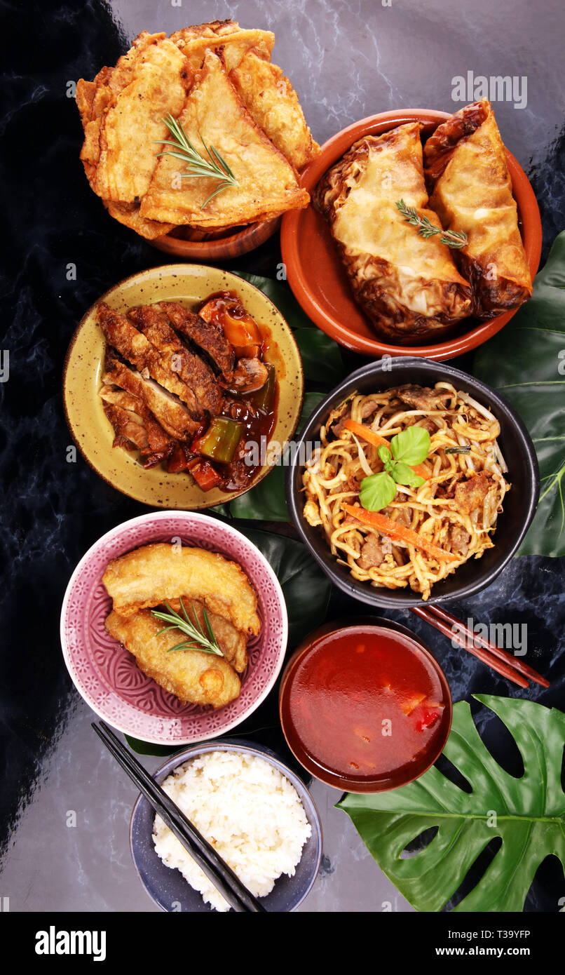 Assorted Chinese food set. Chinese noodles, fried rice, peking duck ...