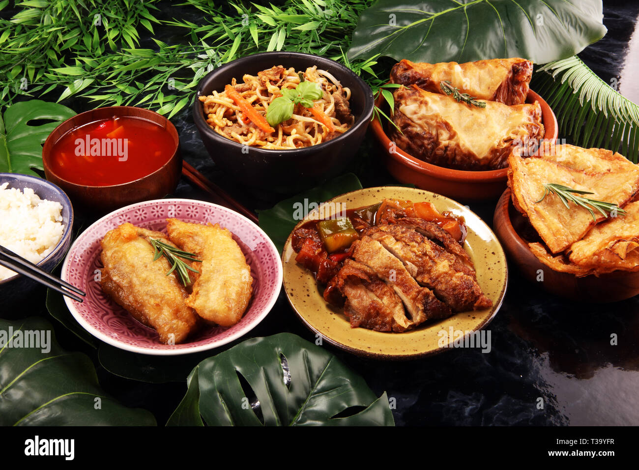 Assorted Chinese food set. Chinese noodles, fried rice, peking duck ...