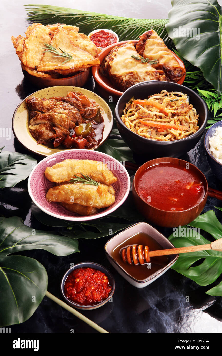 Assorted Chinese food set. Chinese noodles, fried rice, peking duck ...