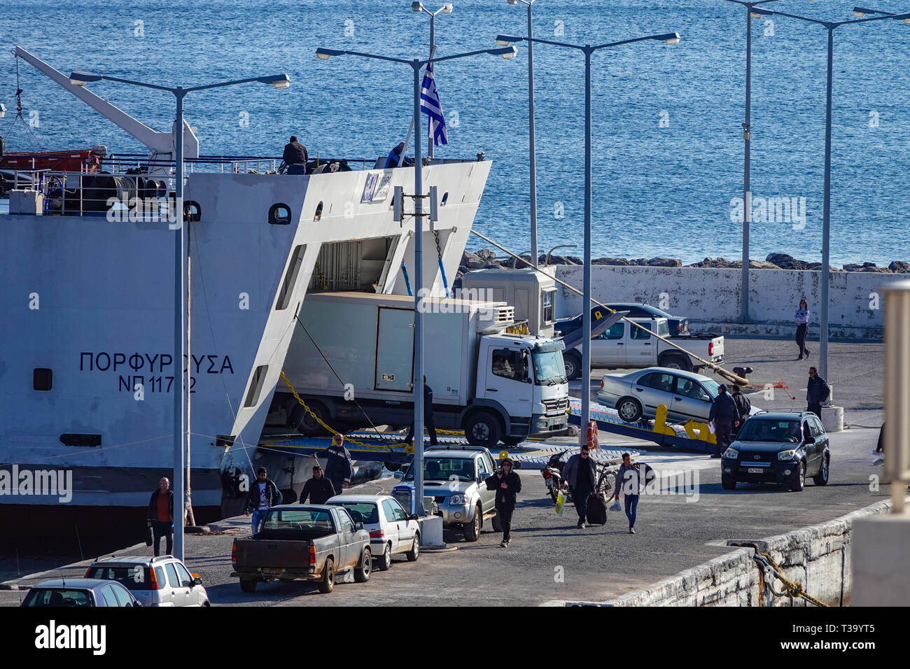 Triton Ferries, ferry unloading at Neapoli Voion, Peleponnese, Greece ...