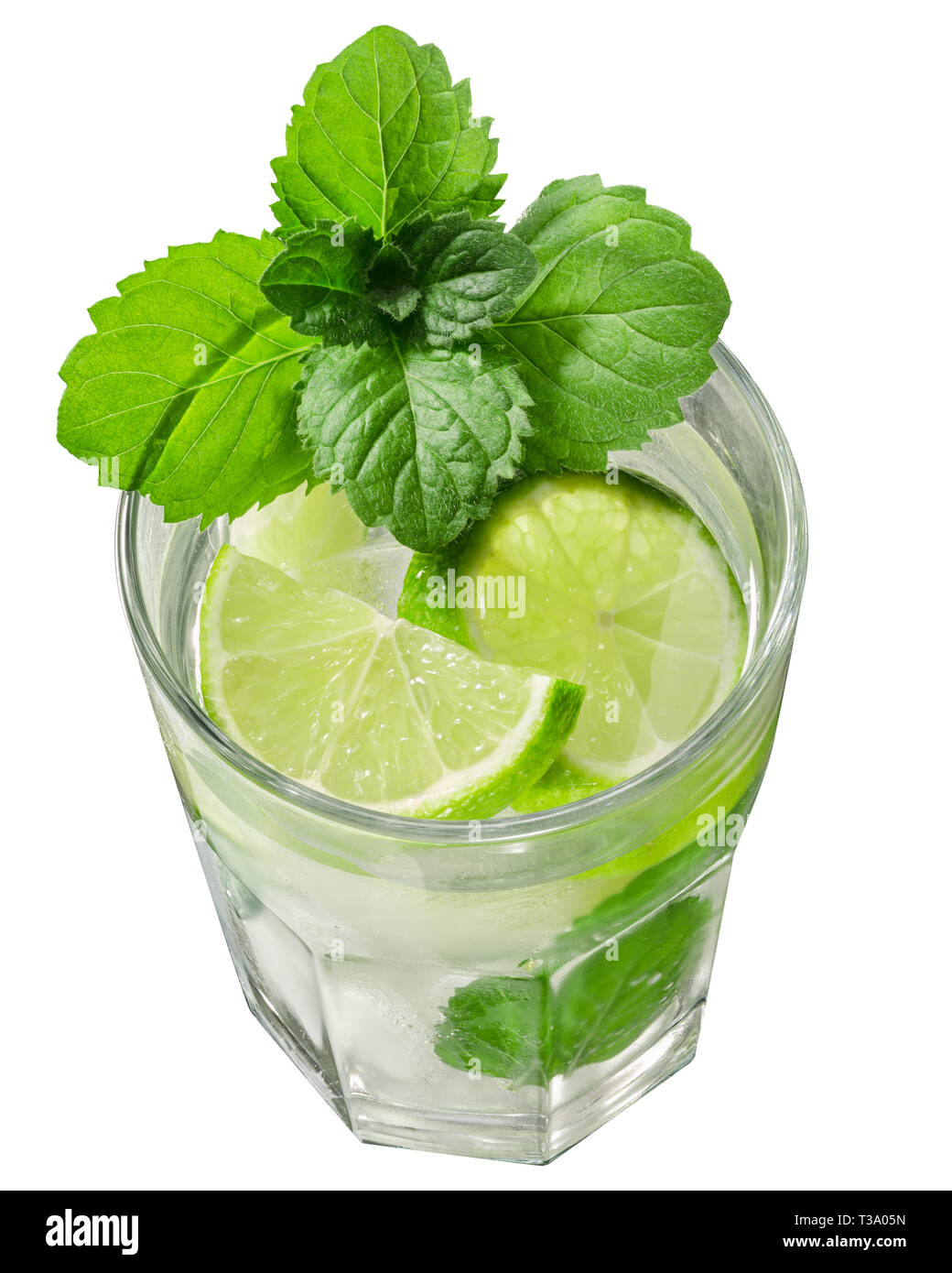 Mojito, a cocktail with rum, lime and mint, top view, isolated on white ...