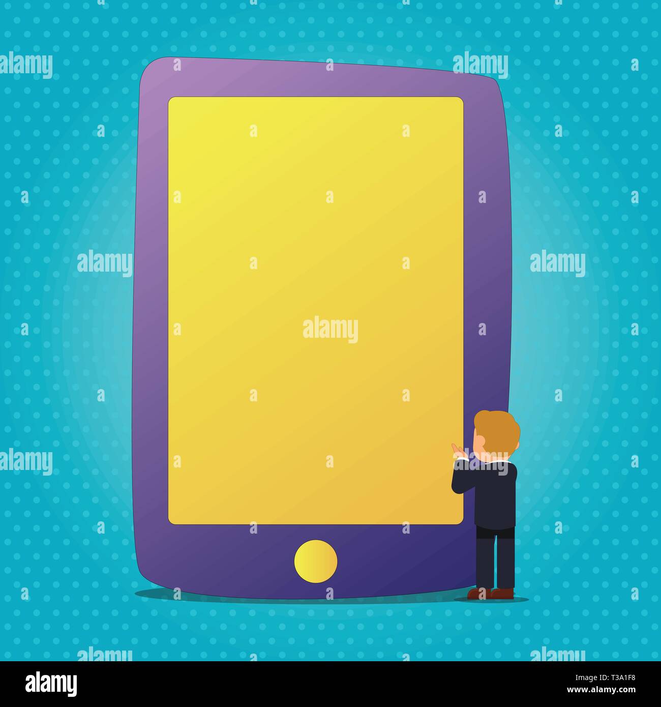 Businessman Standing and Gesturing Facing Blank Screen Giant Tablet ...