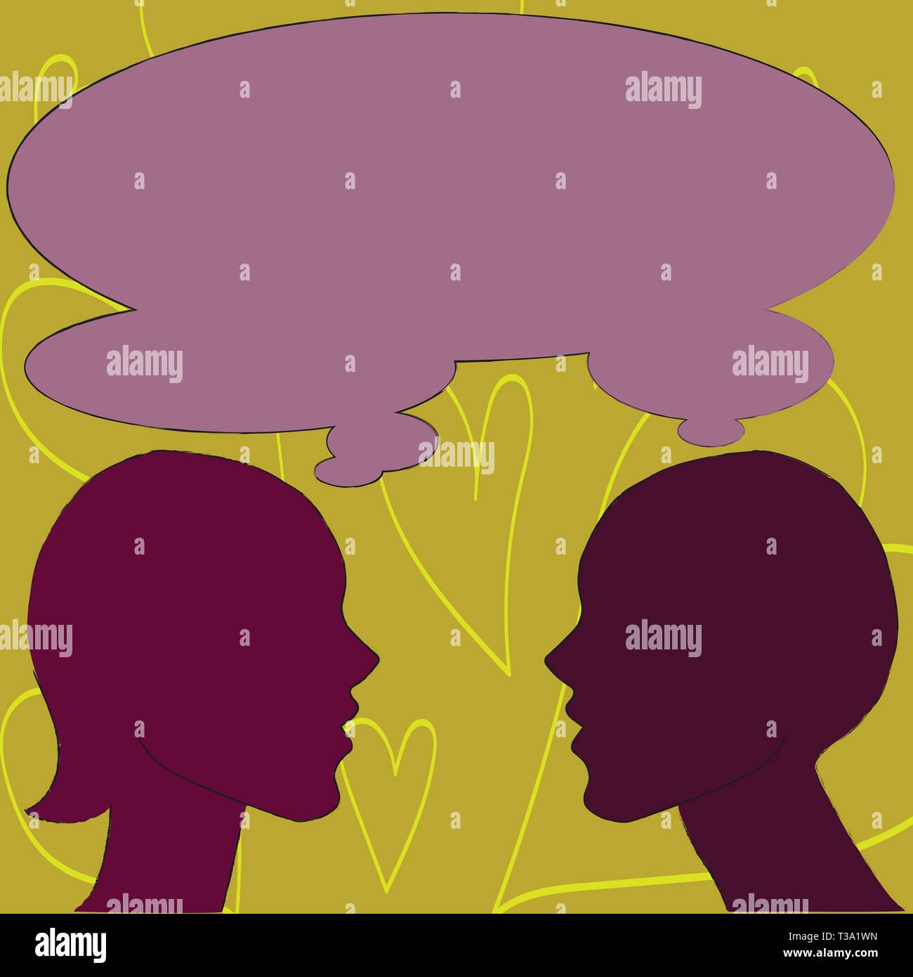 Silhouette Sideview Profile Image of Man and Woman with Shared Thought ...