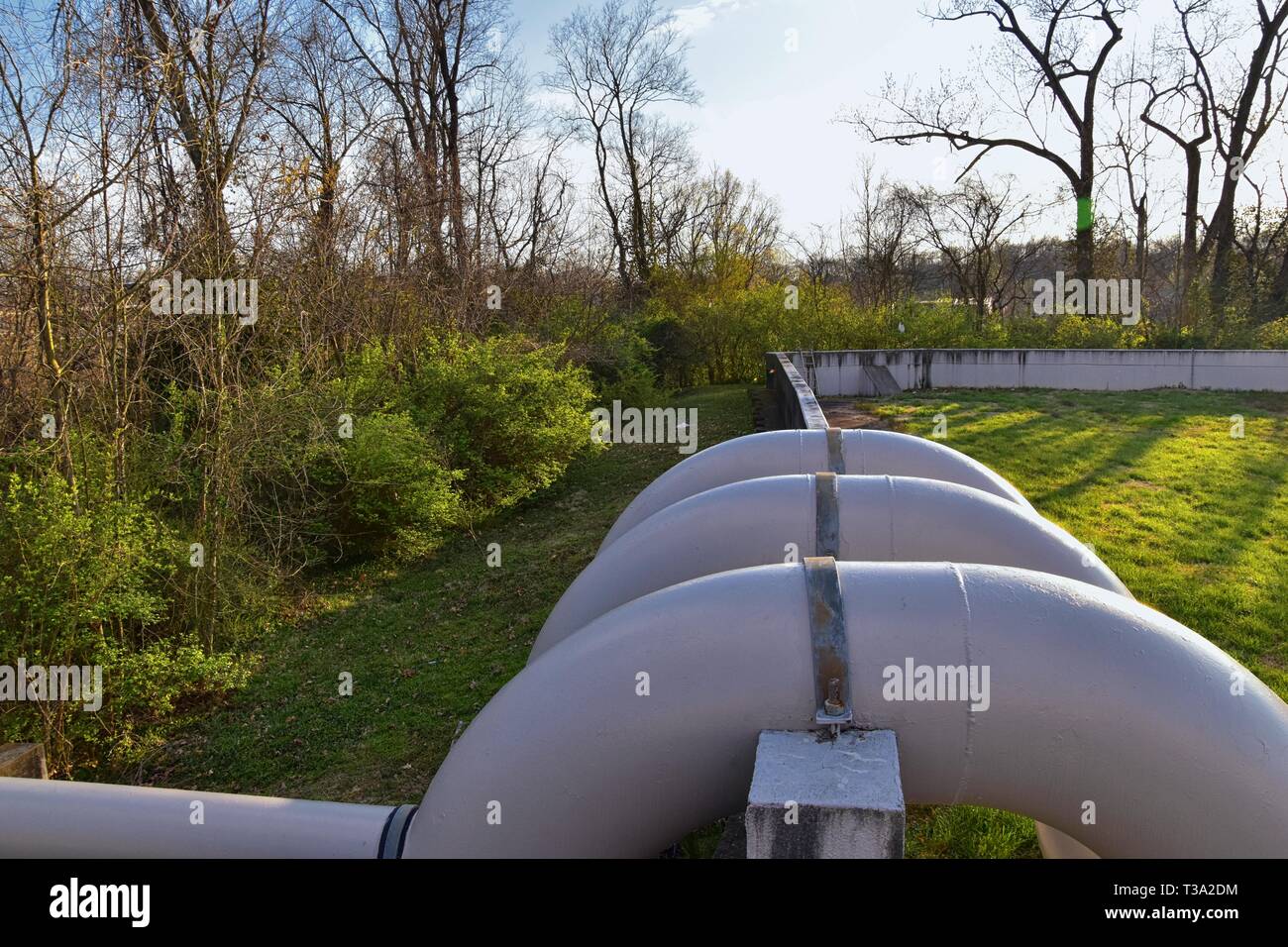 Spillway and flood barrier views of metal dike to protect from flooding ...