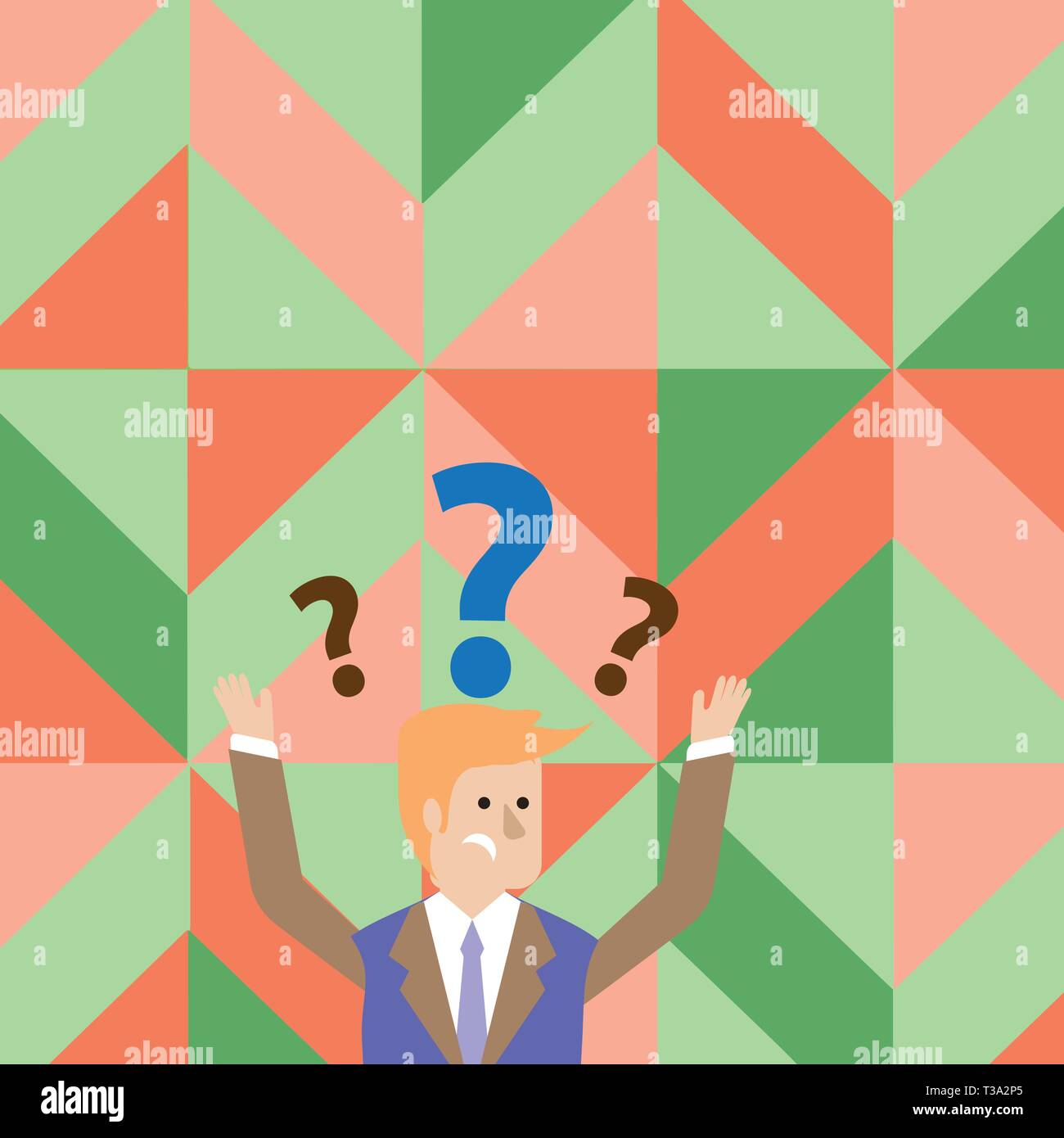 Confused Businessman Raising Both Arms with Question Marks Above his ...