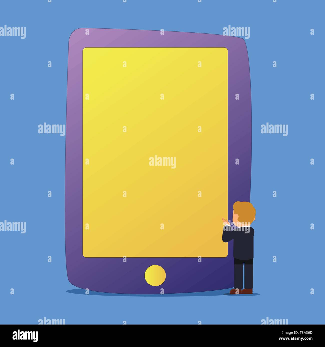 Businessman Standing and Gesturing Facing Blank Screen Giant Tablet ...