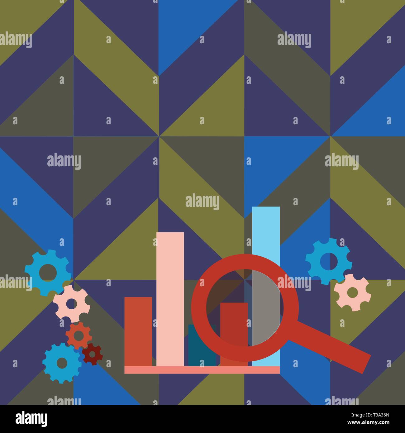 Magnifying Glass Over Bar Column Chart beside Cog Wheel Gears for ...