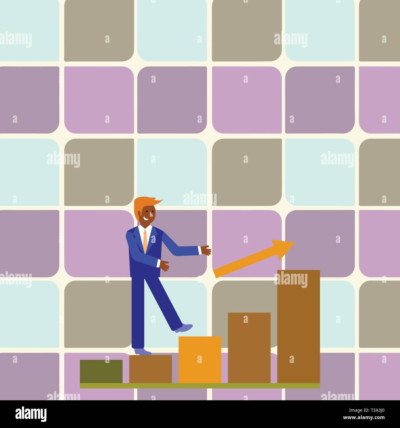 Smiling Businessman Climbing Colorful Bar Chart Following an Arrow ...
