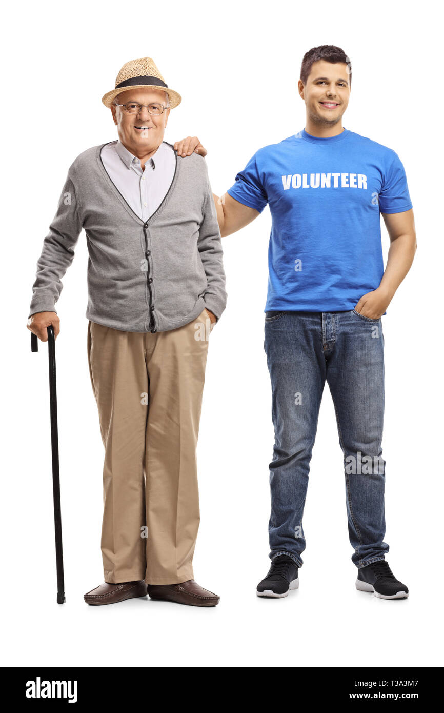 Full length portrait of a young volunteer helping an elderly man with a ...