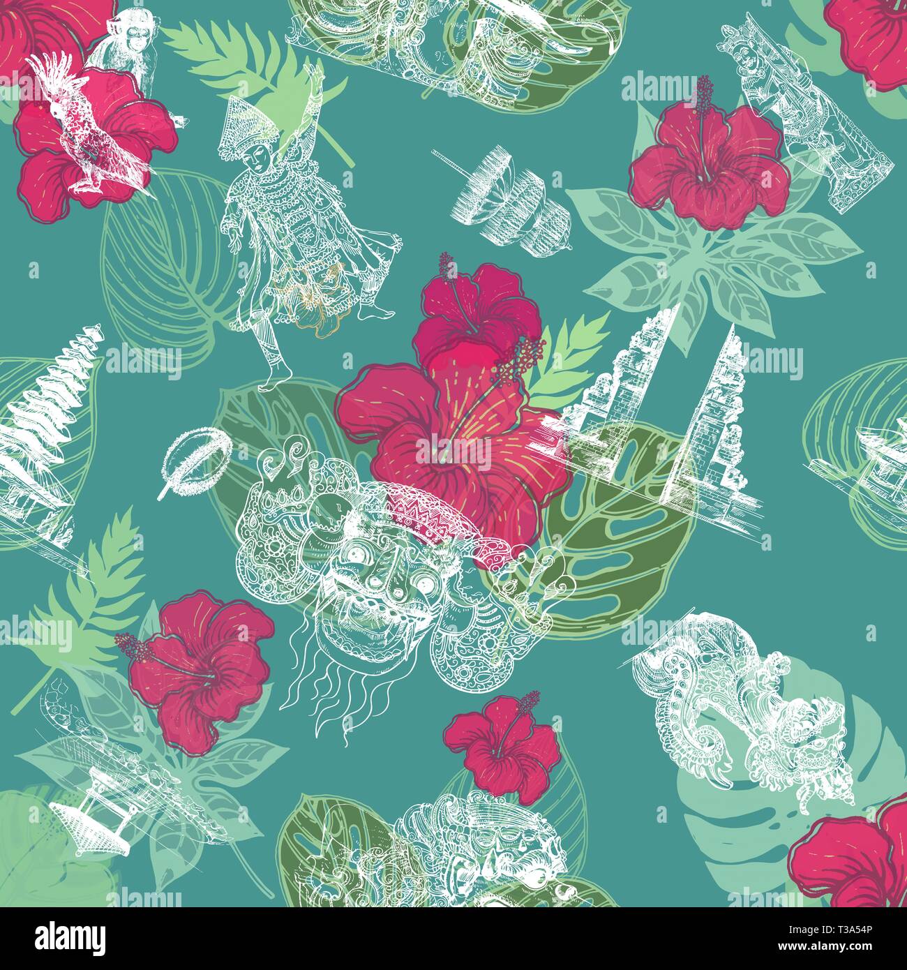 Seamless pattern of hand drawn sketch style Bali themed objects. Vector ...