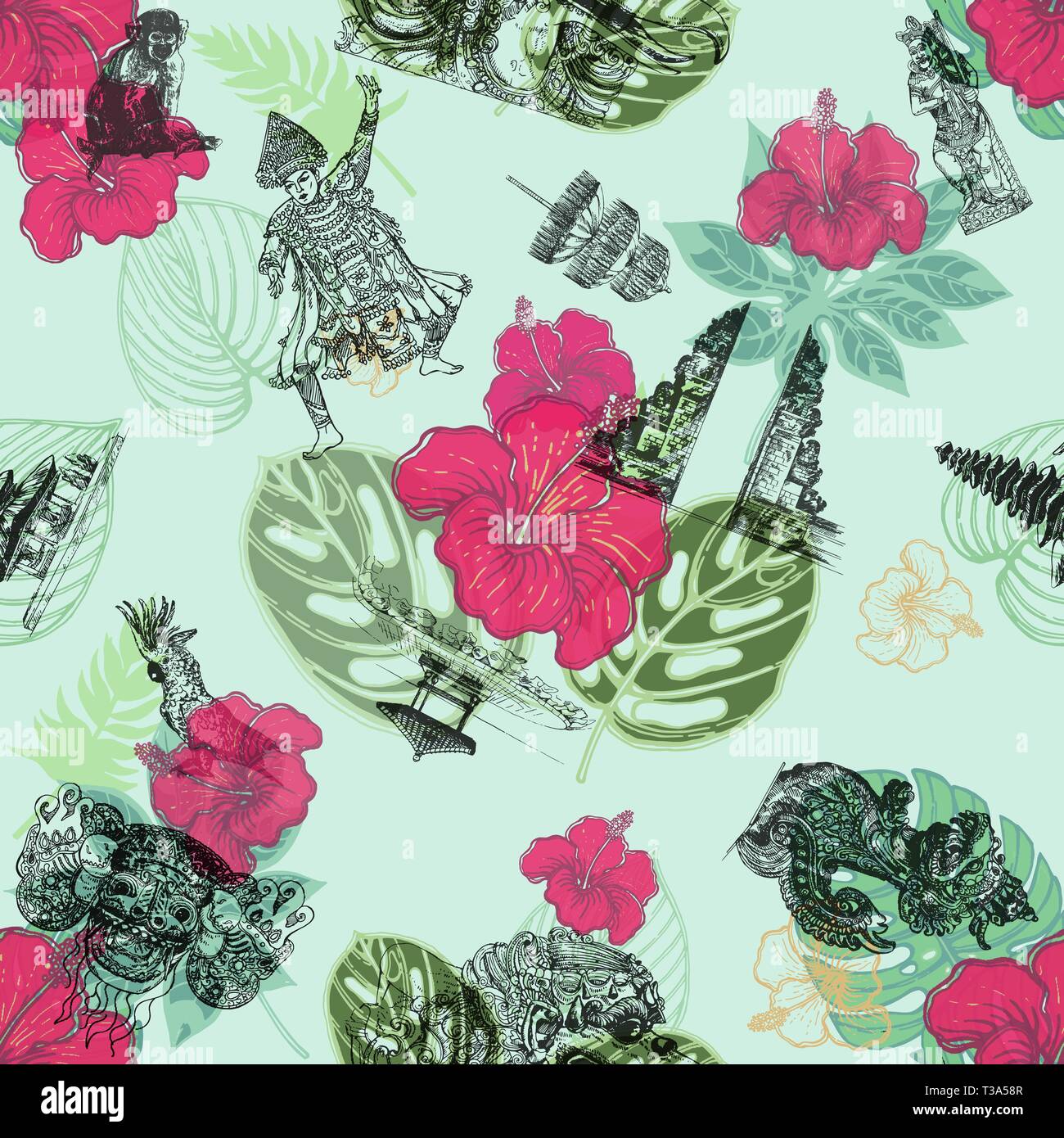 Seamless pattern of hand drawn sketch style Bali themed objects. Vector ...