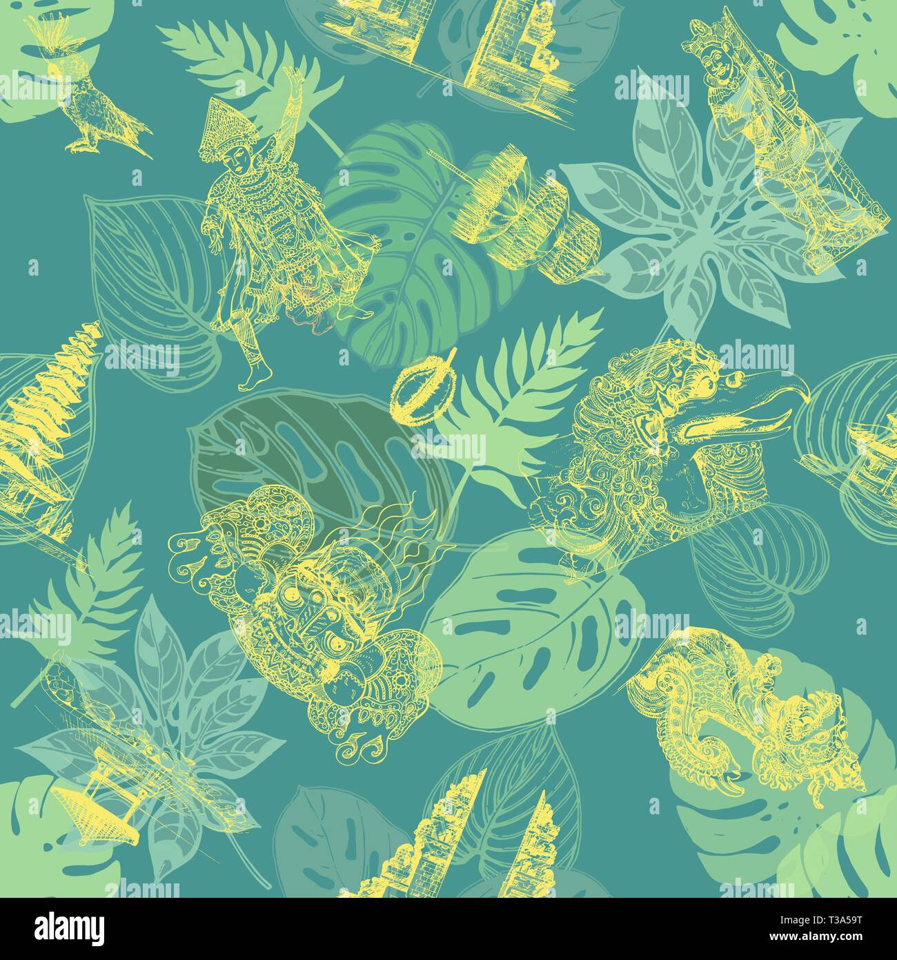 Seamless pattern of hand drawn sketch style Bali themed objects. Vector ...