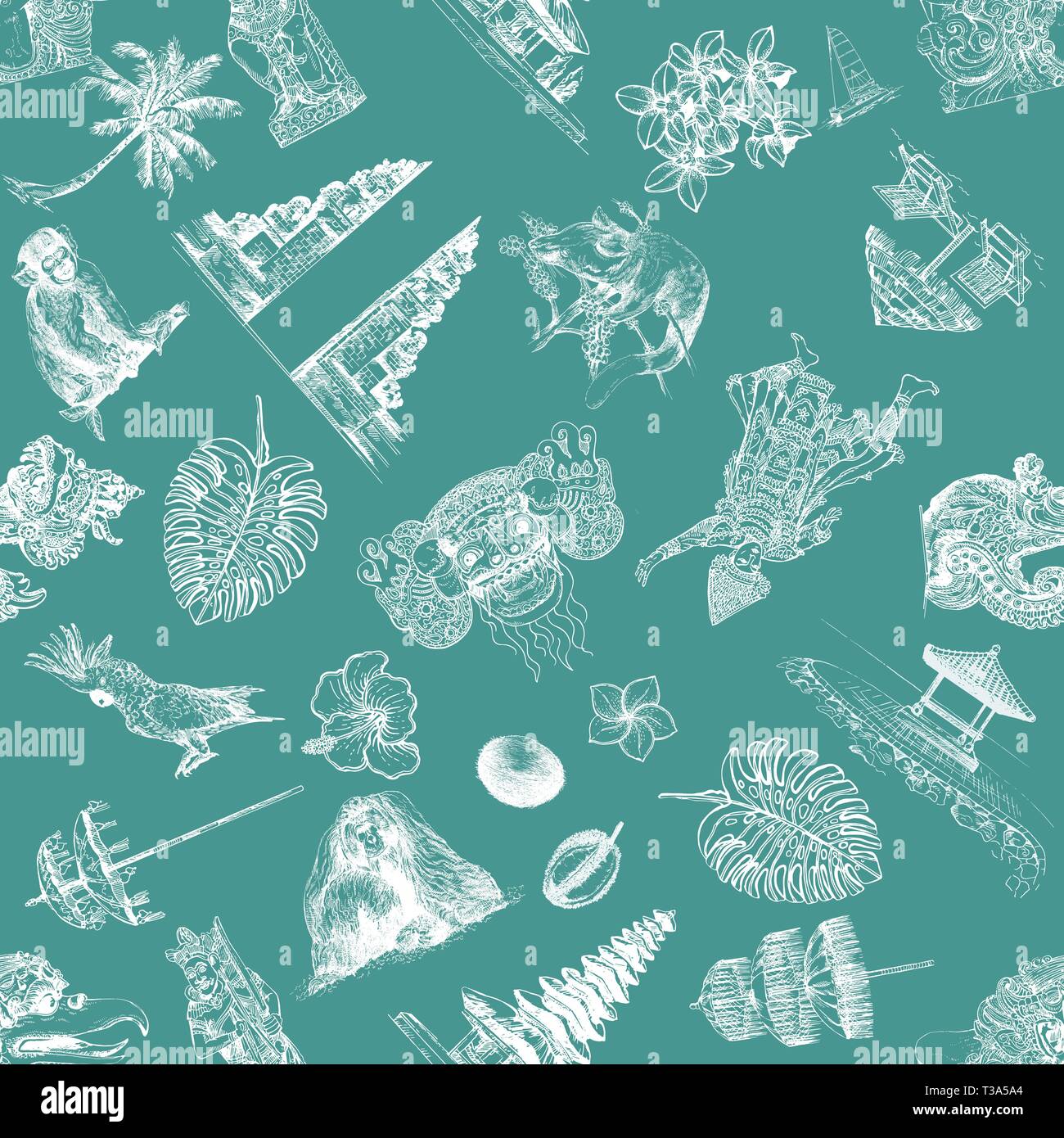 Seamless pattern of hand drawn sketch style Bali themed objects. Vector ...