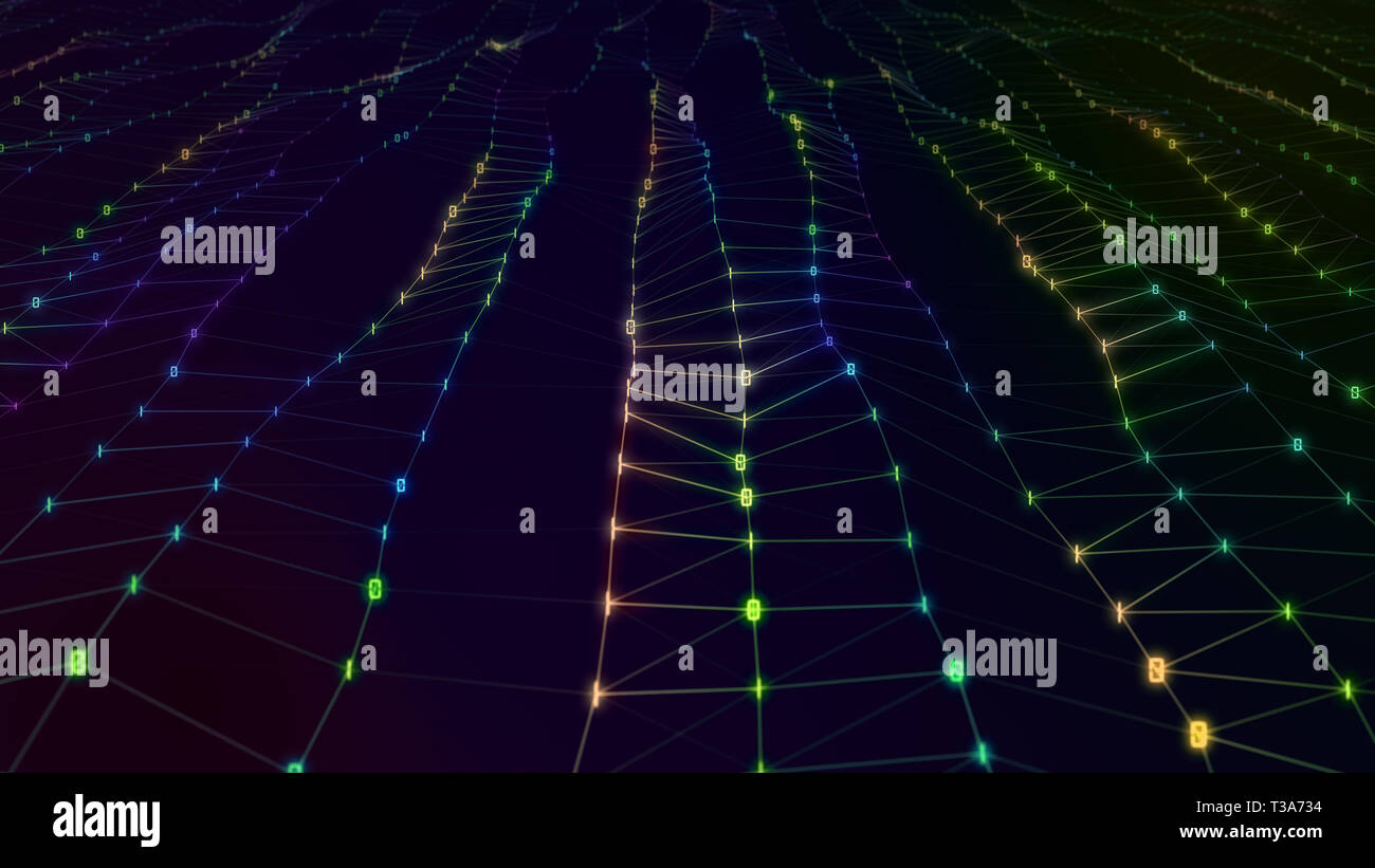Futuristic abstract particle surface wave. Wavy grid of bright binary 0 ...