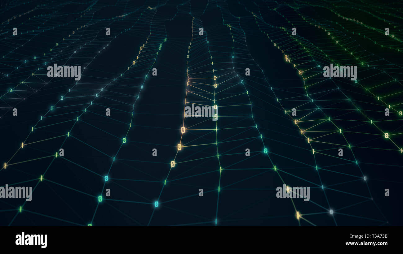 Futuristic abstract particle surface wave. Wavy grid of bright binary 0 and 1 creating curved ...