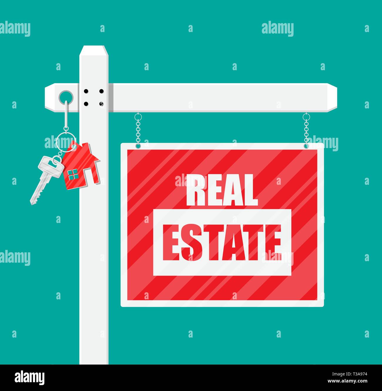 Wooden placard. Real estate sign. Key on chain. Buy or rent house ...