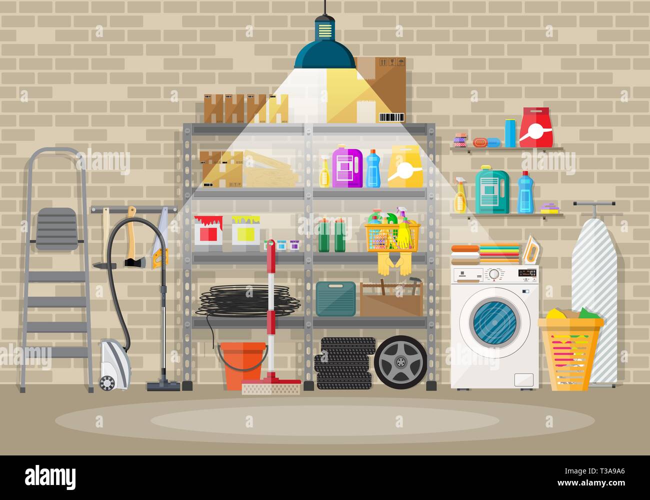 Interior of modern storeroom with metal shelves, storage, boxes, stair ...