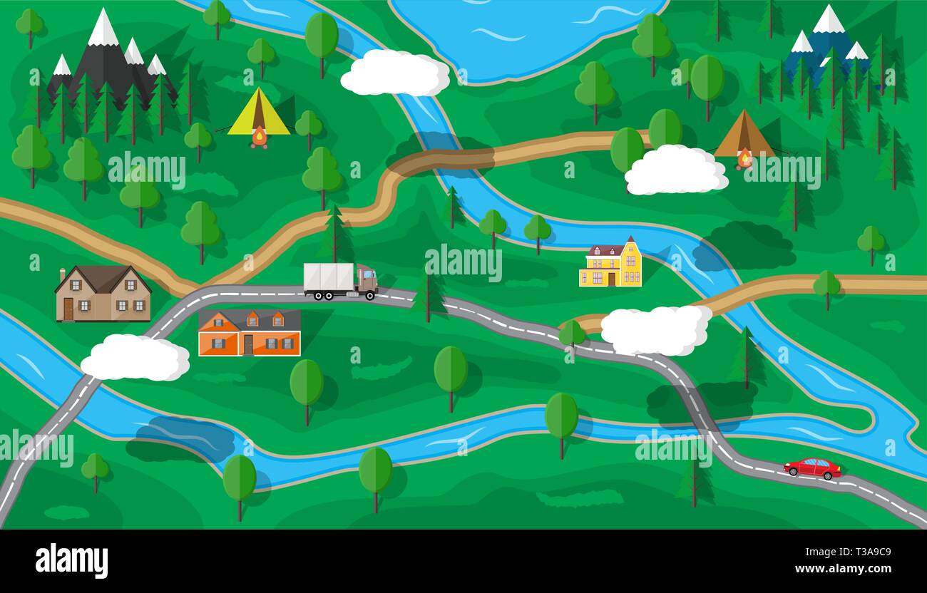 Suburban map with houses with car, trees, road, river, mountain, sky ...