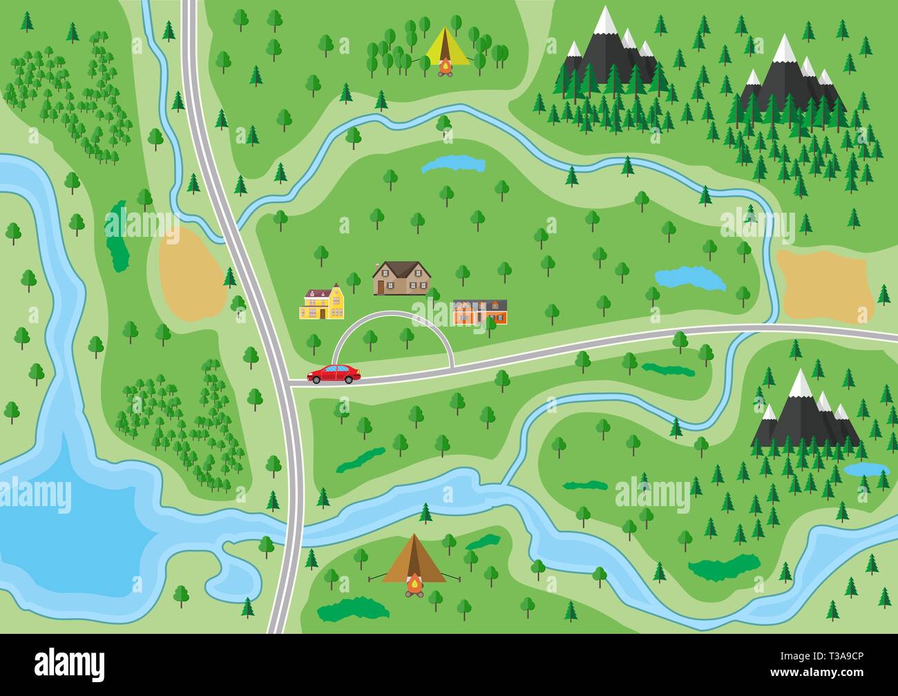 Suburban map with houses with car, trees, road, river, mountain and ...