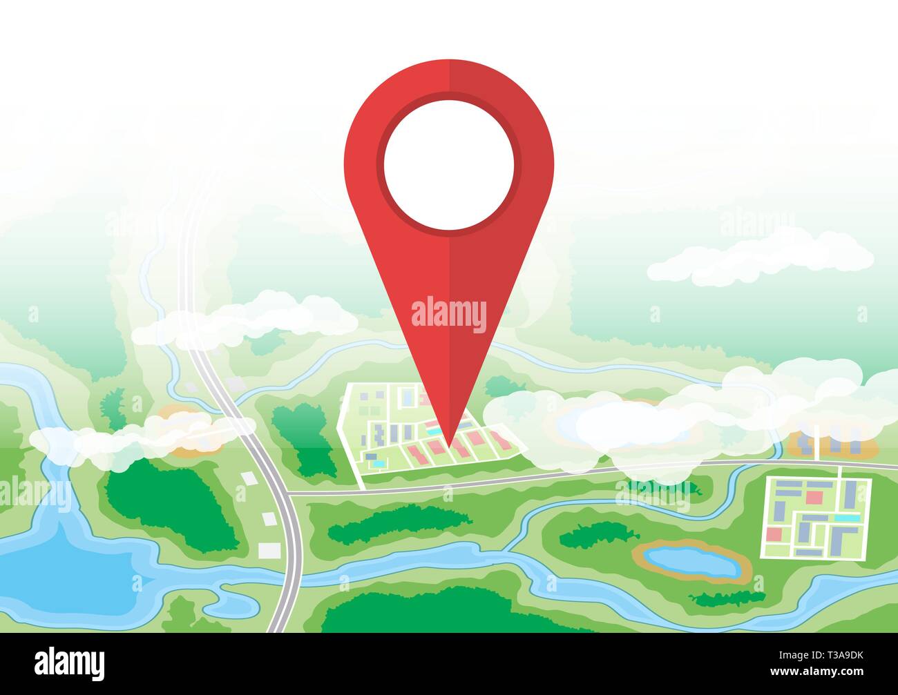 City suburban map and red route pin. Abstract generic map with roads ...