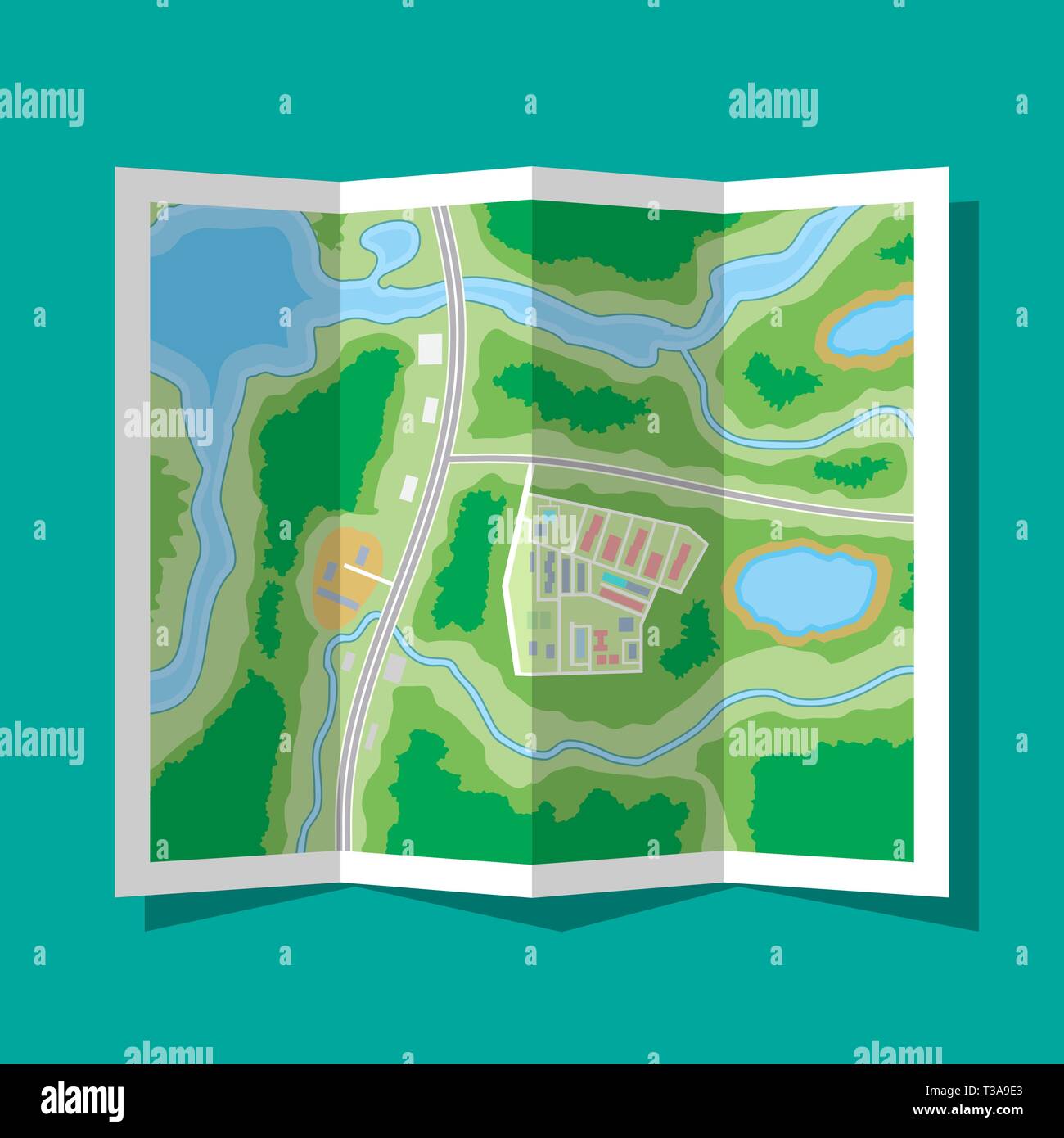 Folded paper city suburban map. Abstract generic map with roads ...