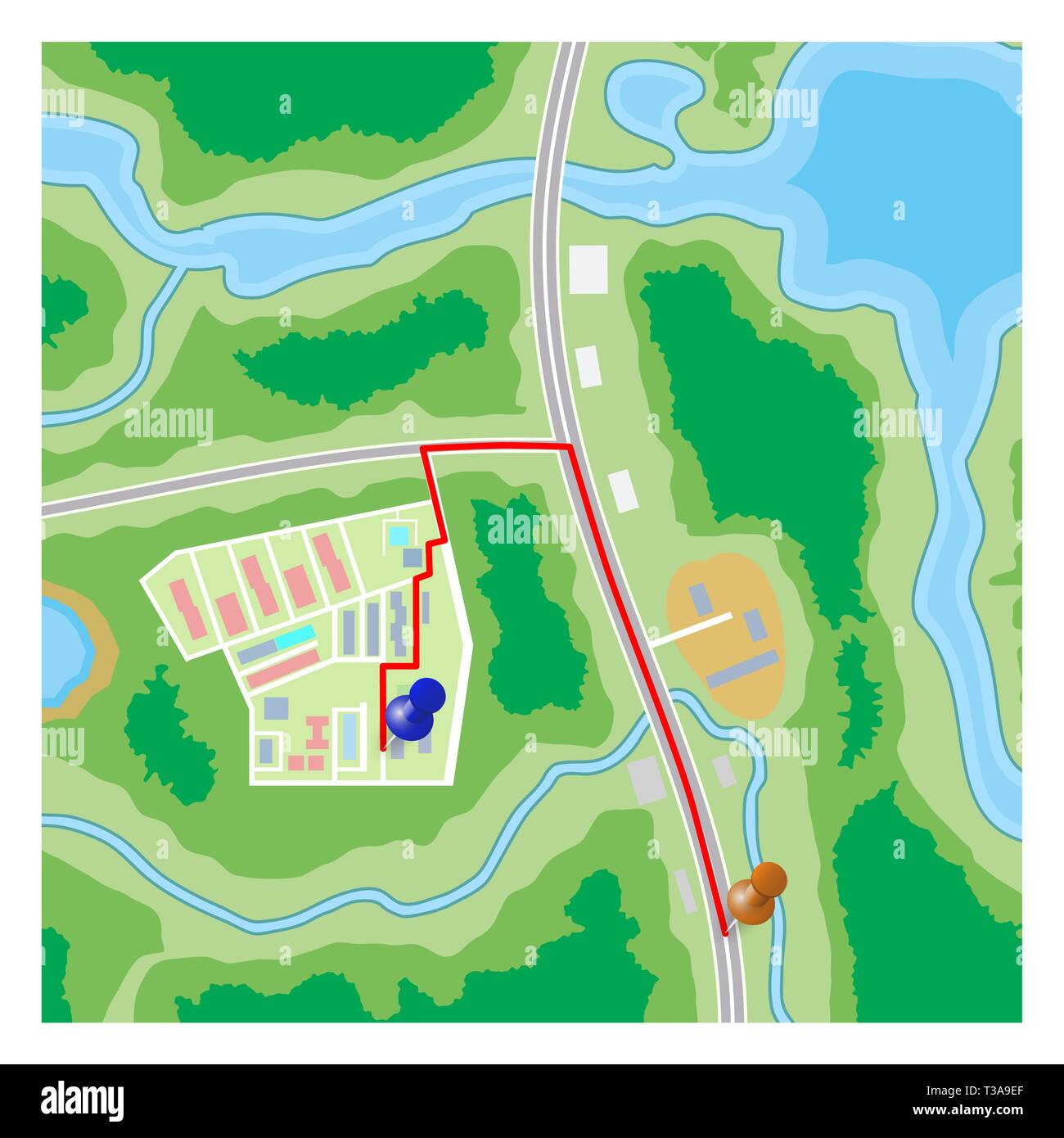 Abstract generic suburban city map with route line, roads, buildings ...