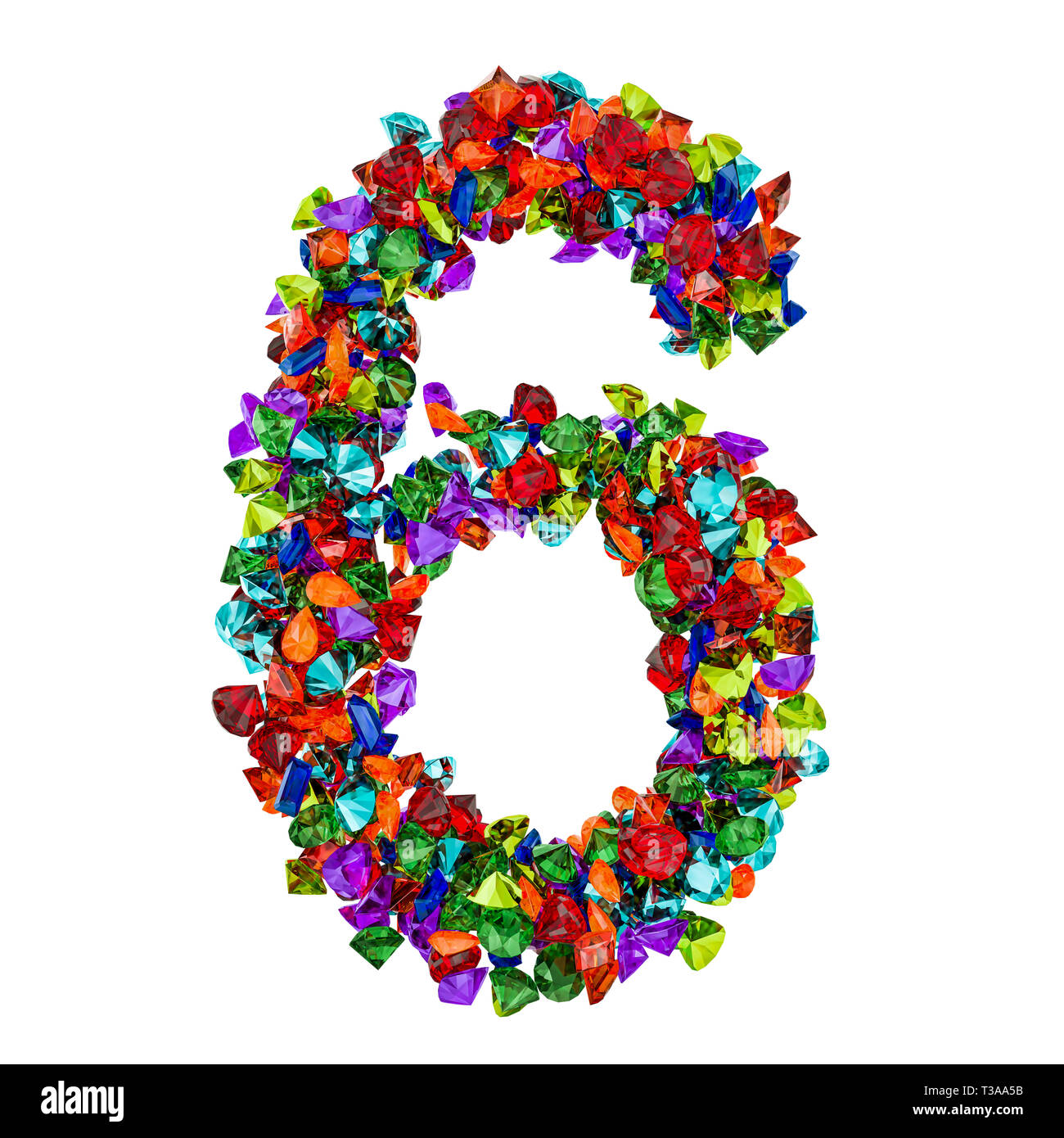 Number 6 from colored gemstones. 3D rendering isolated on white ...