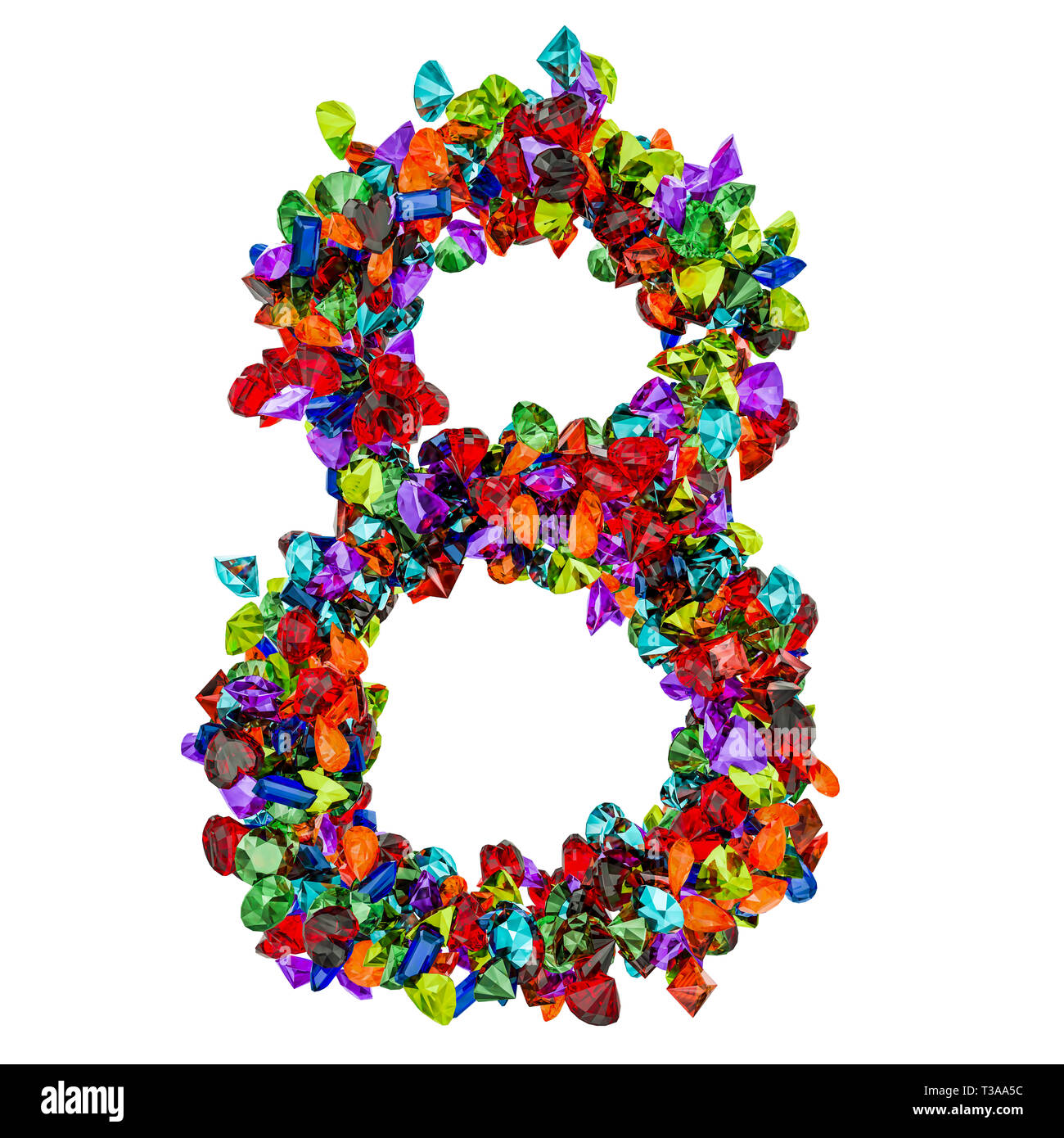 Number 8 from colored gemstones. 3D rendering isolated on white ...
