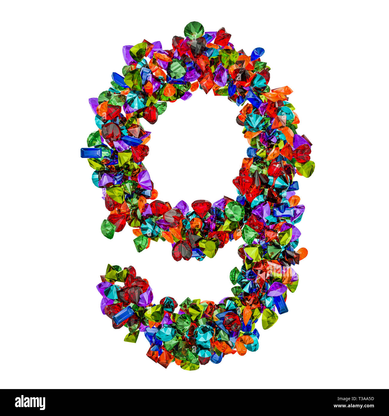 Number 9 from colored gemstones. 3D rendering isolated on white ...