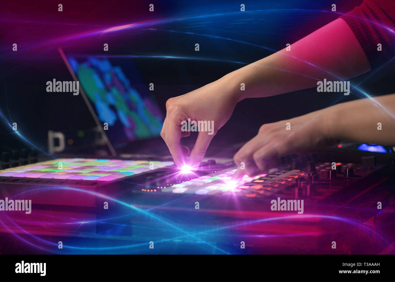 Hand mixing music on midi controller with wave vibe concept Stock Photo ...