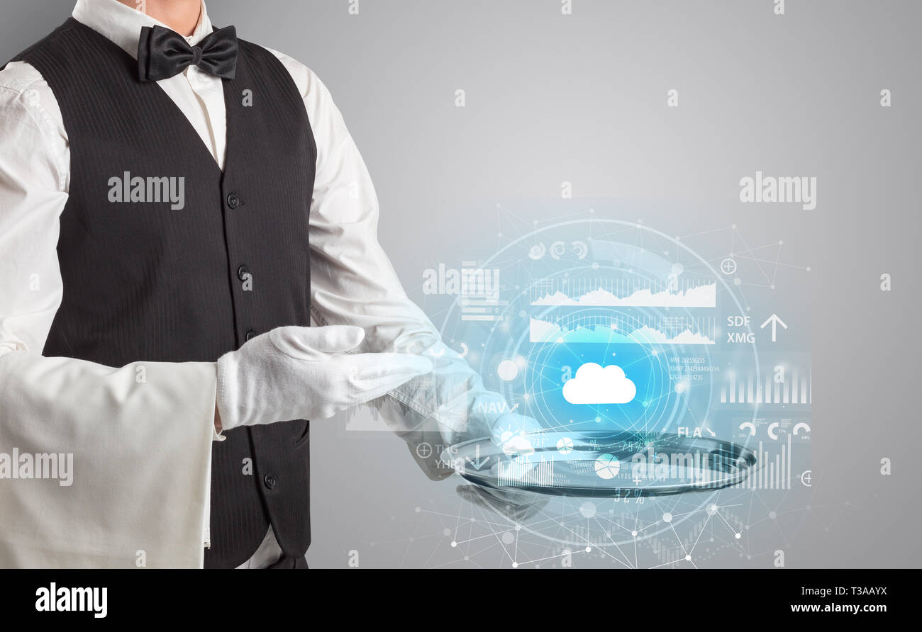 Elegant young waiter serving cloud technology concept Stock Photo - Alamy