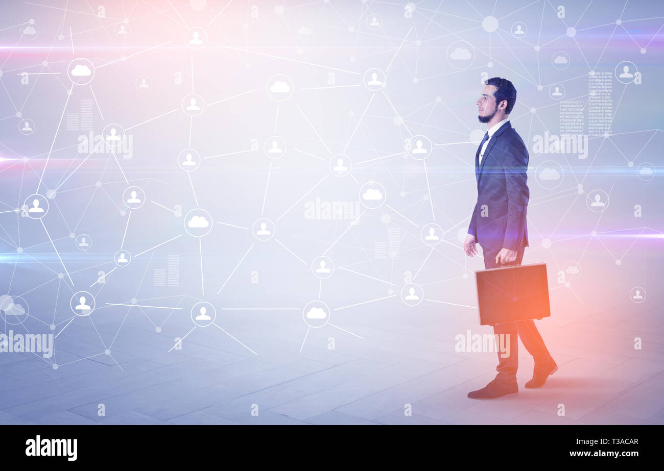 Linking people concept with lonely elegant businessman who walking ...