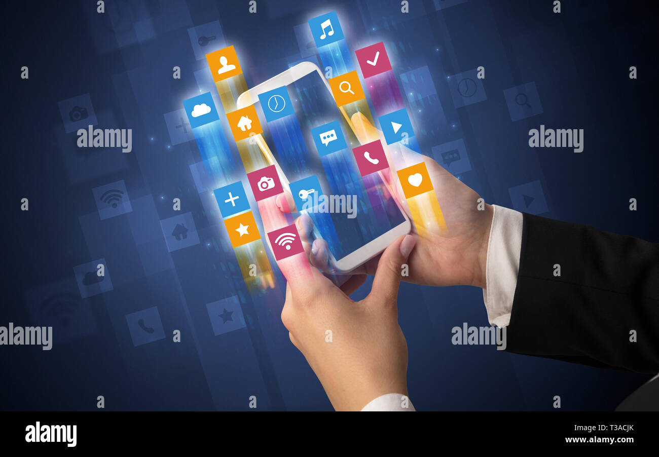 Female hand using smartphone with colorful angular fast switching ...