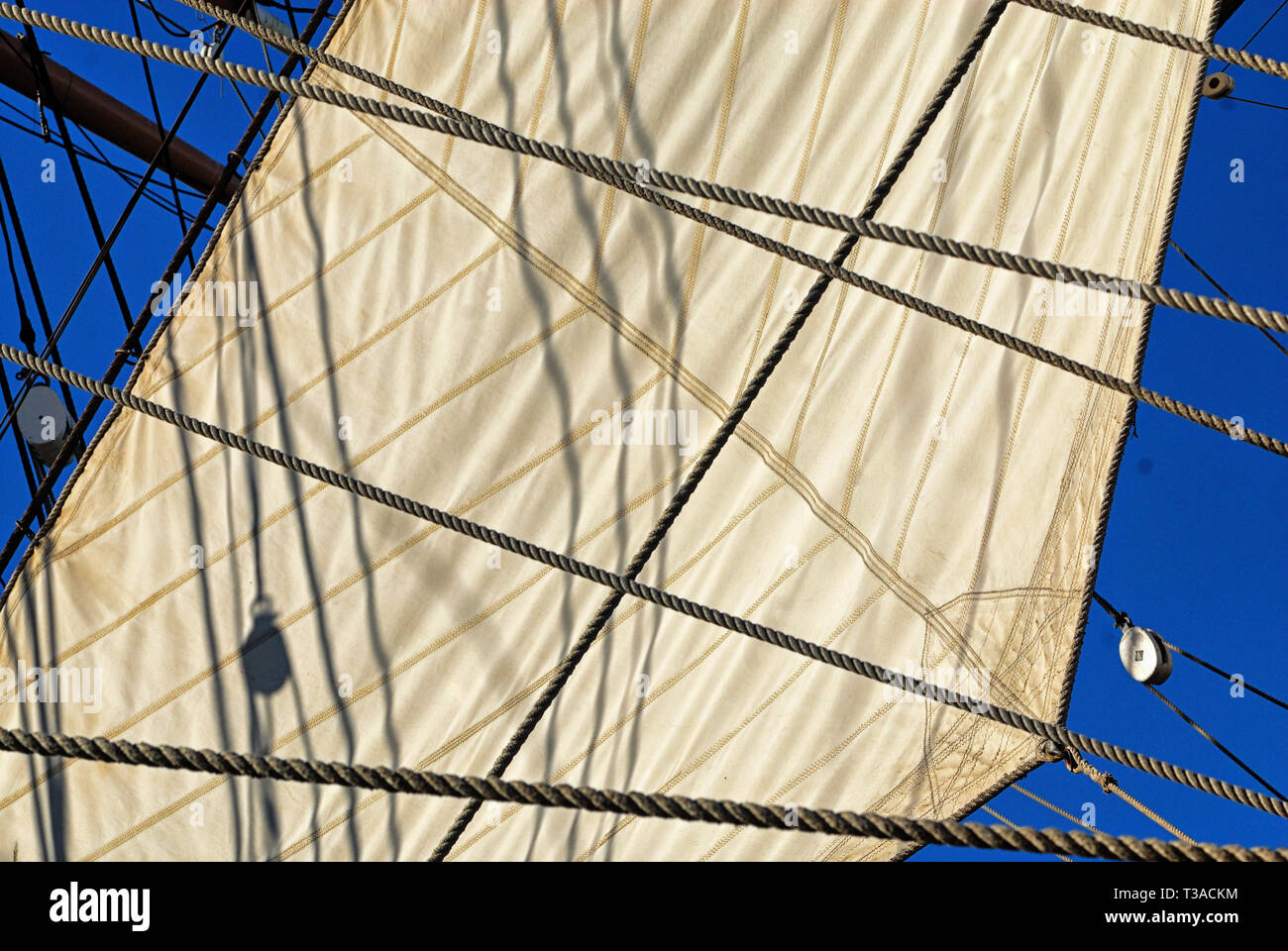 Ropes and lines of a full rigged sailboat crossing over a sail Stock ...