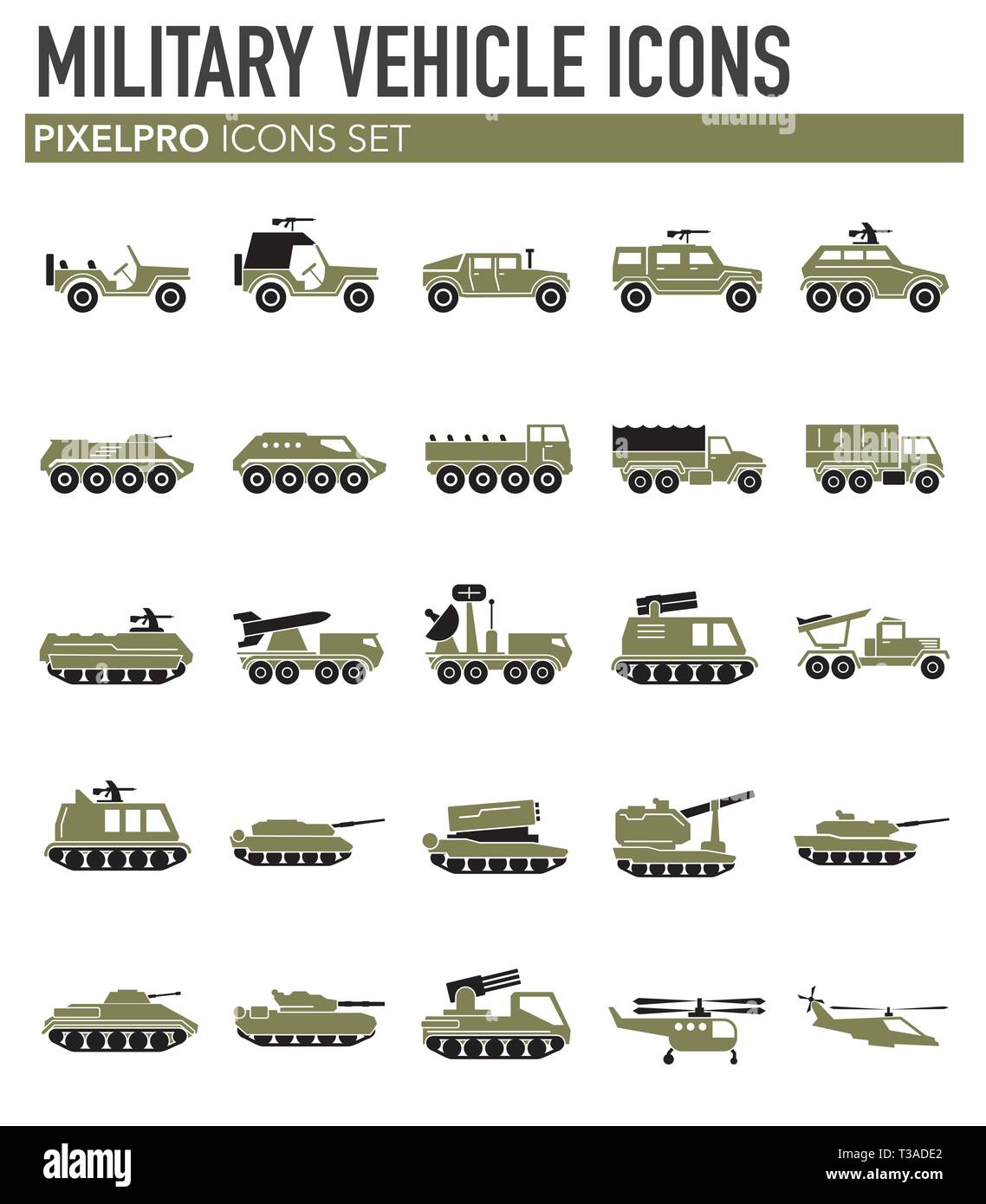 Military vehicles icons set on white background for graphic and web ...